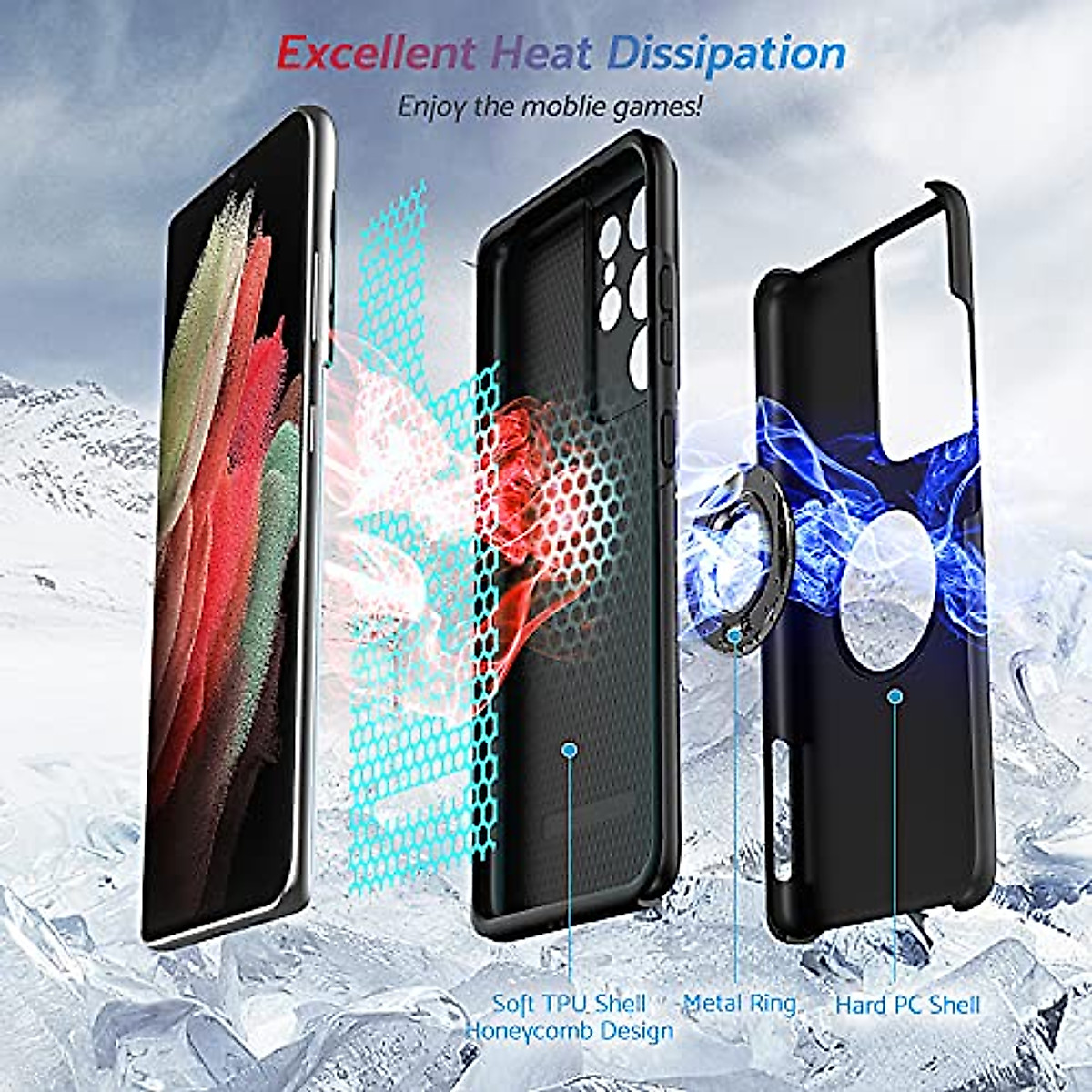 Anqrp Shockproof for Galaxy S21 Ultra Case 5G, [Heat Dissipation] [No Fall-Off Kickstand] 360°Metal Ring Military Grade Protection Phone Case with Samsung Galaxy S21 Ultra 6.8 Inch, Black