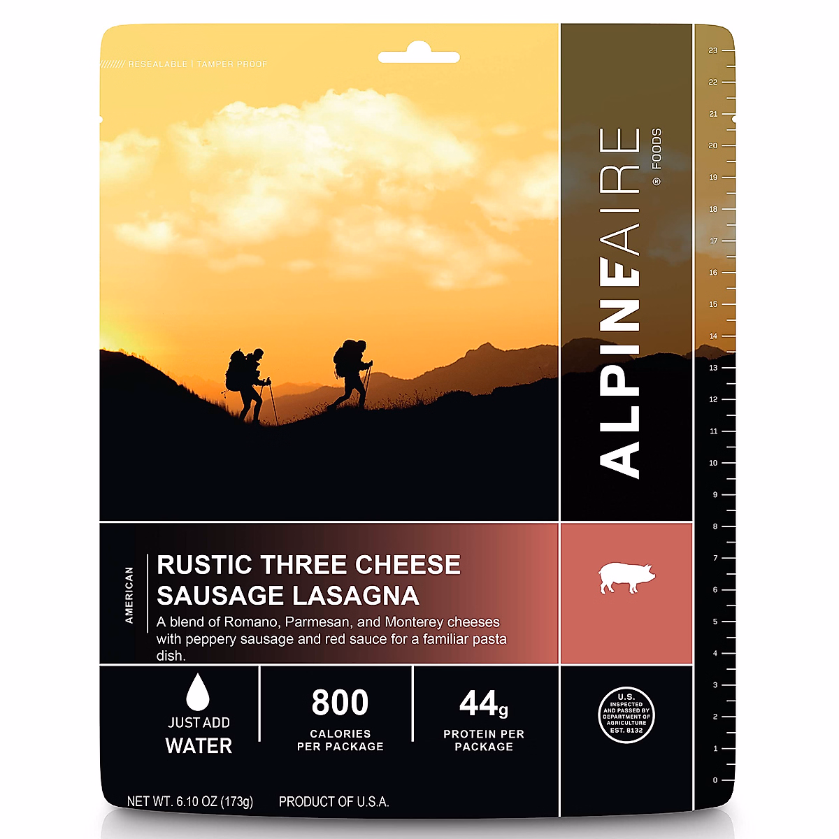 AlpineAire Foods Rustic Three Cheese Sausage Lasagna, Freeze-Dried/Dehydrated, Entrée Meal Pouch, Just add Water, Black