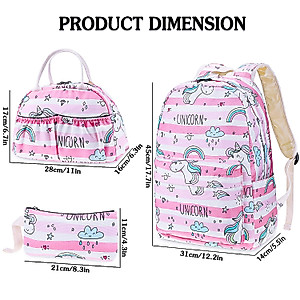 Rainbow Unicorn Backpack Kids School Bag 3-in-1 Bookbag Set, Junlion Twinkle Laptop Backpack Lunch Bag Pencil Case for Teen Girls Womens