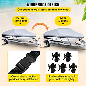 VEVOR Waterproof Boat Cover, 14'-16' Trailerable Boat Cover, Beam Width up to 90" v Hull Cover Heavy Duty 210D Marine Grade Polyester Mooring Cover for Fits V-Hull Boat with 5 Tightening Straps