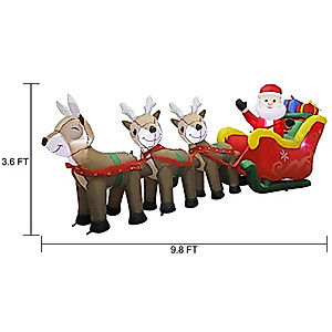 MorTime 9.5 FT Christmas Inflatable Santa Claus on Sleigh Pulled by Three Reindeers with Gift Boxes, Blow up Lighted Yard Decor for Outdoor Decorations
