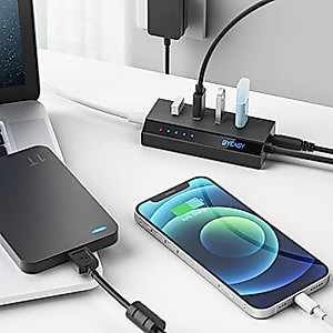 BYEASY Powered USB Hub, 5-Port USB 3.0 Hub with 4 USB 3.0 Data Ports and 1 Type-C Smart Charging Port, USB Splitter with 5V/3A Power Adapter Compatible with MacBook, Laptop, PS4, Flash Drive