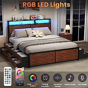 Kiivakii King Size Bed Frame with 12 Storage Drawers, LED Headboard with Charging Station, Metal Platform Bed Frames, No Box Spring Needed, Noise Free, Stable and Solid, Brown