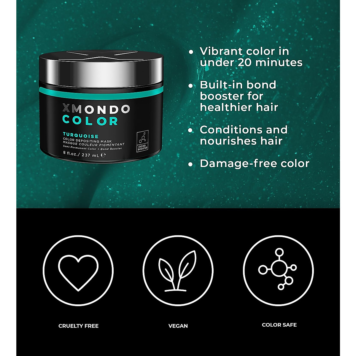 XMONDO Color Turquoise Depositing Mask & Semi-Permanent Turquoise Dye | Infused with Bond Booster Technology & Hyaluronic Acid for Nourishment, Revitalization & Repair, Vegan Formula, 8 Fl Oz 1-Pack