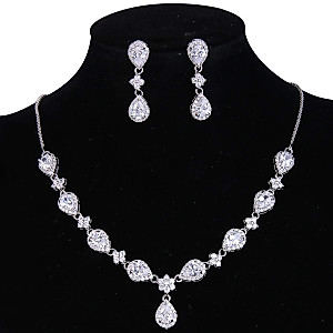 EleQueen Women's Silver-Tone Cubic Zirconia Teardrop Flower Bridal V-Necklace Sets Tennis Bracelet Dangle Earrings Clear
