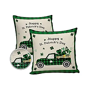 Outdoor Pillows 16x16 Waterproof Outdoor Pillow Covers, St Patrick's Day Shamrock Truck Polyester Throw Pillow Covers Garden Cushion Decorative Case for Patio Couch Decoration Set of 2, Spring Clovers