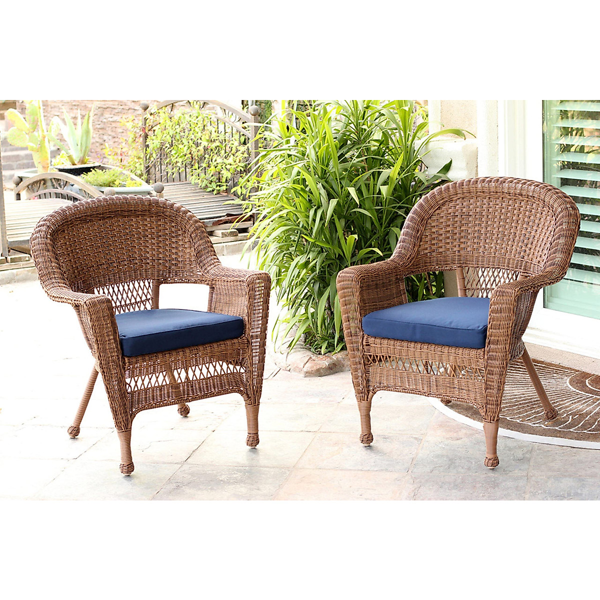 Jeco Wicker Chair with Blue Cushion, Set of 2, Honey/W00205-