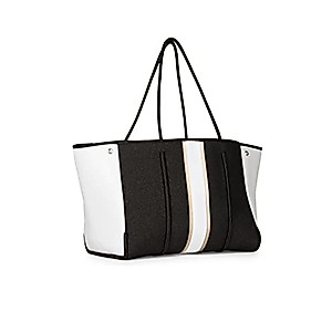 Haute Shore - Greyson Bravo Neoprene Tote Bag w/Zipper Wristlet Inside, Black Denim W/Rosegold & White Stripe