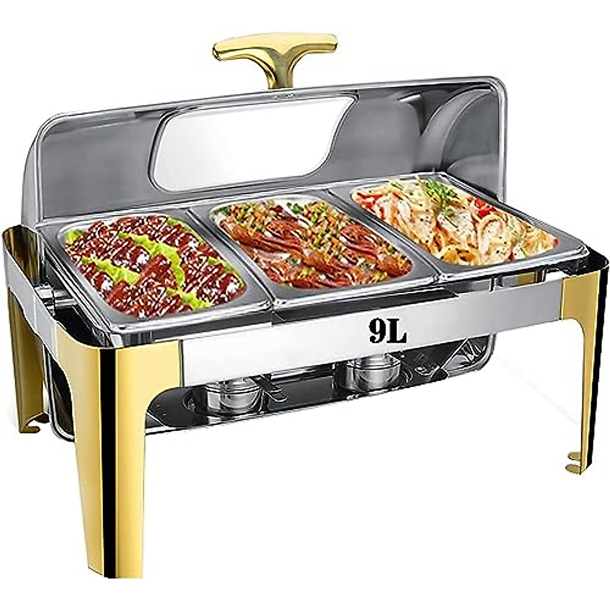 Stainless Steel Chafing Dishes with Lid for Parties, 9L Commercial Food Warmer for Buffet, Buffet Server with 3 Kind of Warming Tray for Holidays, Catering, Home Dinners