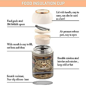 CUPADA Beige Cat Food Jar, Funny Insulated Hot Food Jars Vacuum 17OZ with Folding Spoon for Work Trip Picnic Camping