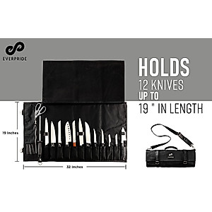 EVERPRIDE Chef Knife Roll Bag Holds 12 Knives and Cooking Tools – Durable, Large Knife Case Made of Canvas and Genuine Leather – Elegant Chef Bag for Professional Cooks – Knives Not Included