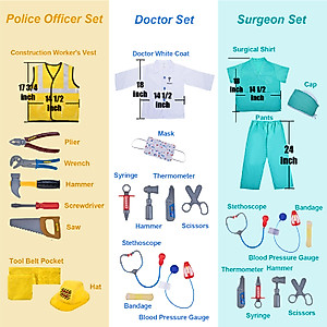 TopTie 5 Sets Halloween Kids Costumes, Dress Up Costumes with Storage Box for Age 3-7, Doctor Fireman Police Surgeon Worker