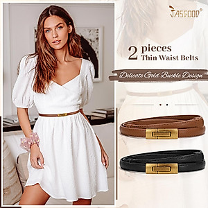 JASGOOD Women Skinny Belts Leather Thin Waist Belts for Dress Ladies Belts with Gold Buckle 2 Pack