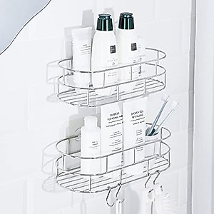 KINCMAX Shower Caddy, Rustproof SUS304 Stainless Steel, Adhesive Wall Mount Double Deep Round Baskets 2-pack with Hooks (Polished Silver)