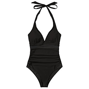 RXRXCOCO Women Sexy V Neck Mesh One Piece Bathing Suit Halter Push Up Tummy Control Swimsuit Swimwear X-Large Black