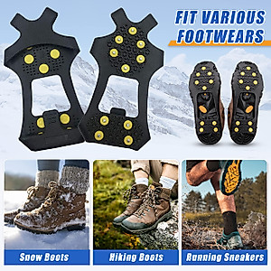 Ice Snow Cleats for Shoes Boots,Walk Traction Cleats Rubber Crampons Anti Slip 10-Stud Winter Ice Cleat Slip-on Stretch Footwear for Women Men Kids