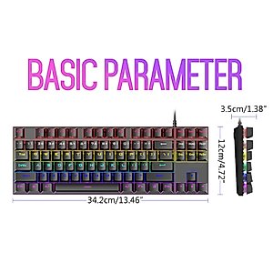 PURPLELU USB Wired Gaming Keyboard, 87-Key Mechanical Keyboard, Convenient Luminous Blue Axis Keyboard, for Playing Games