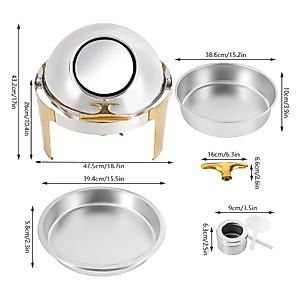Roll Top Chafing Dish Buffet Set Gold Accent, Buffet Servers and Warmers Set Warming Tray, 6.3 Quart Round Stainless Steel with Glass Window for Wedding/Parties/Banquet & Events