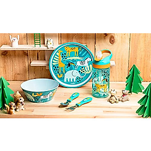 zak! Safari - 5-Piece Dinnerware Set - Durable Plastic & Stainless Steel - Includes Water Bottle, 8-Inch Plate, 6-Inch Bowl, Fork & Spoon - Suitable for Kids Ages 3+