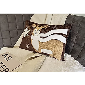 Comfy Hour Wood Reindeer with Scarf and Snowflake Throw Pillow, 18-inches(Length), Brown, Polyester Wildlife Collection