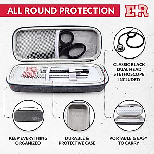 Ever Ready First Aid Stethoscope Case, Grey, with Rubber Grip Handle, Includes a Dual Head Stethescope, Titanium Shears,and 2 Penlights Black & Silver