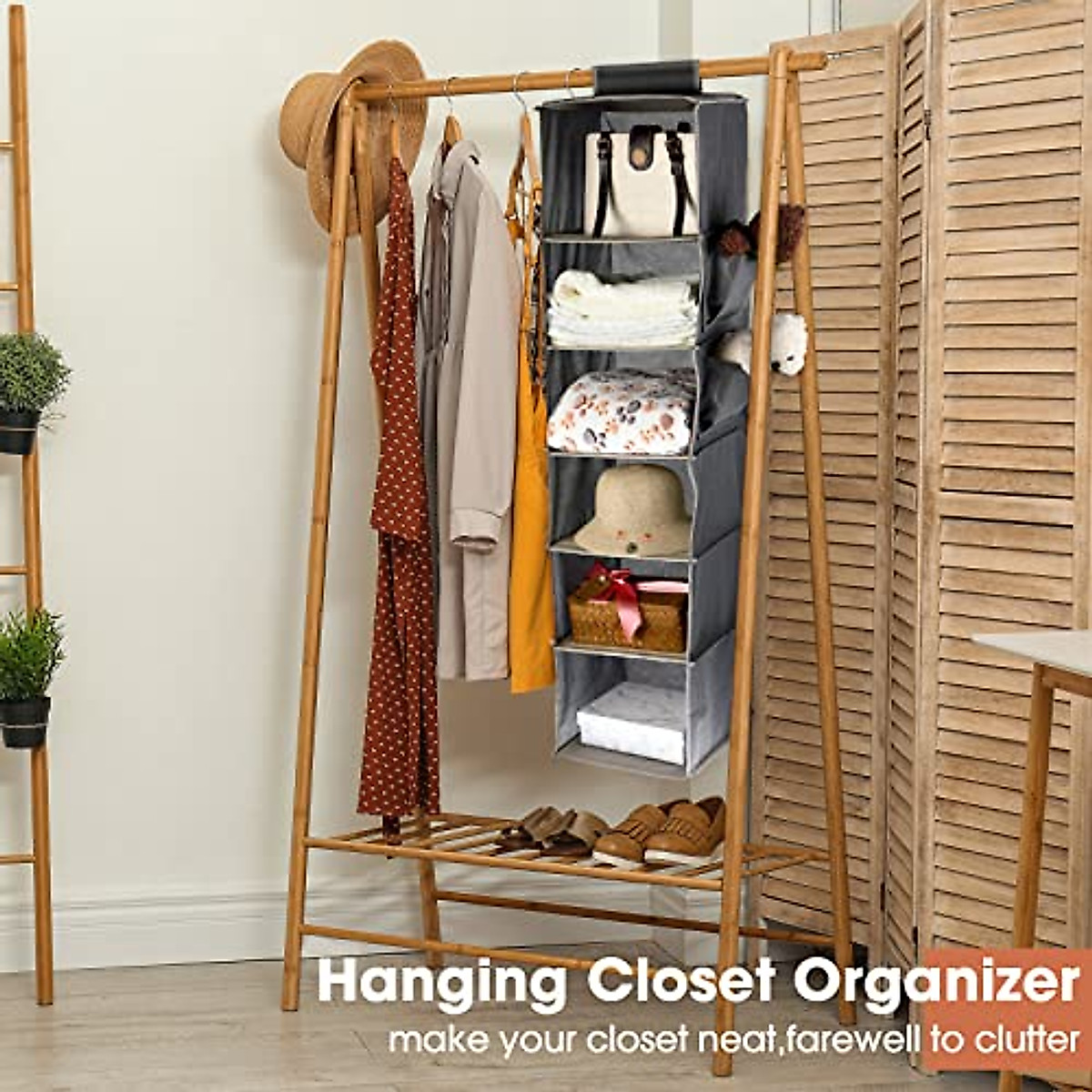 Shappy 4 Pack Hanging Closet Organizers and Storage, 6 Shelf Wide Dorm Closet Sweater Clothes Hat Baseball Cap Organizer Hanging Storage Shelves Collapsible Closet Clothes Organizer (Grey)