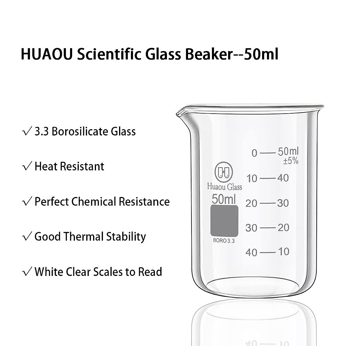 HUAOU Scientific 50ml Glass Beaker, Low Form, 3.3 Borosilicate Glass, Measuring Thick Wall with Printed Graduation, Double Scale (Single)