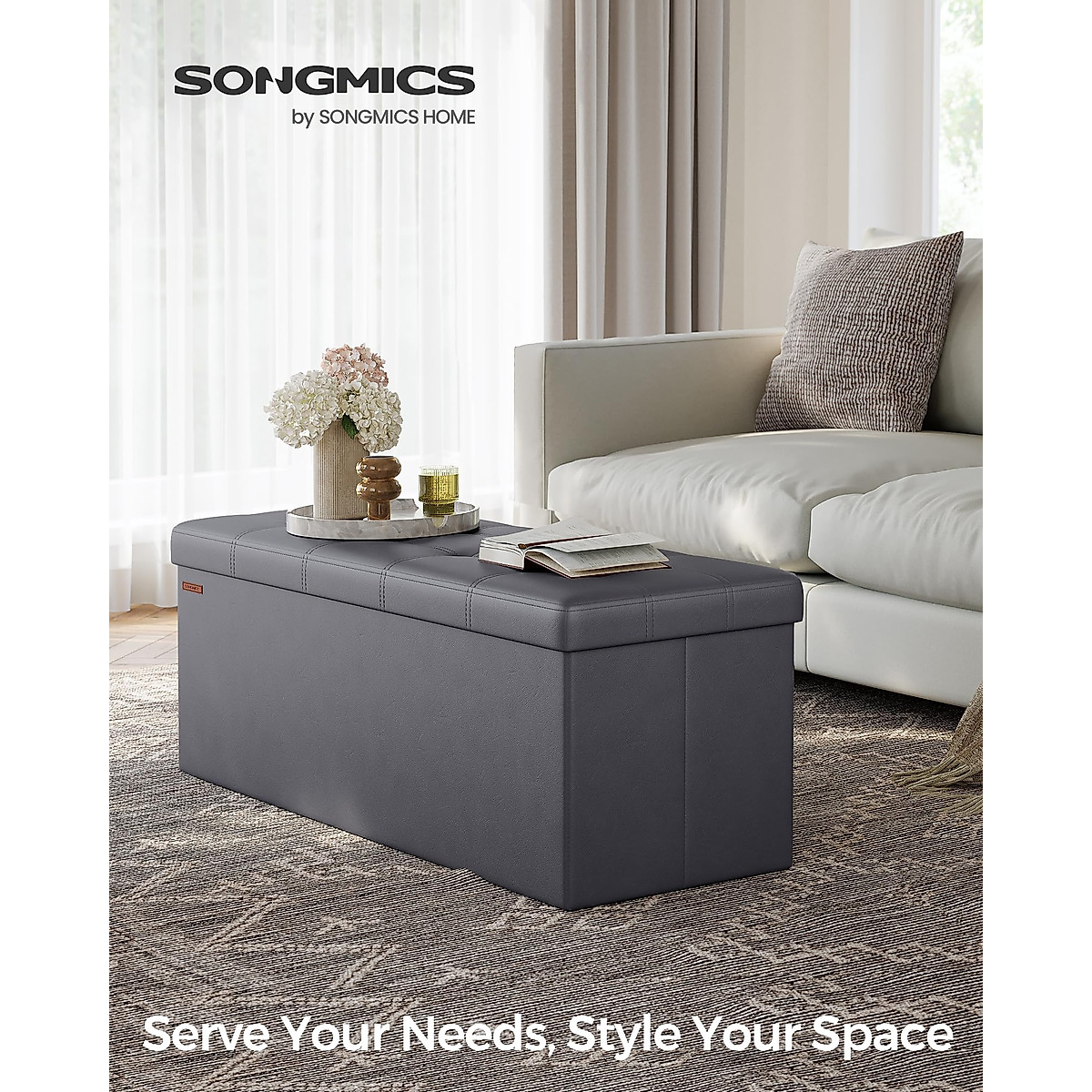 SONGMICS 43 Inches Folding Storage Ottoman Bench, Storage Chest, Footrest, Coffee Table, Padded Seat, Faux Leather, Holds up to 660 lb, Dark Gray ULSF070G01
