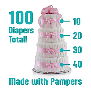 Classic Pastel Baby Shower Diaper Cake (4 Tier, Pink)…