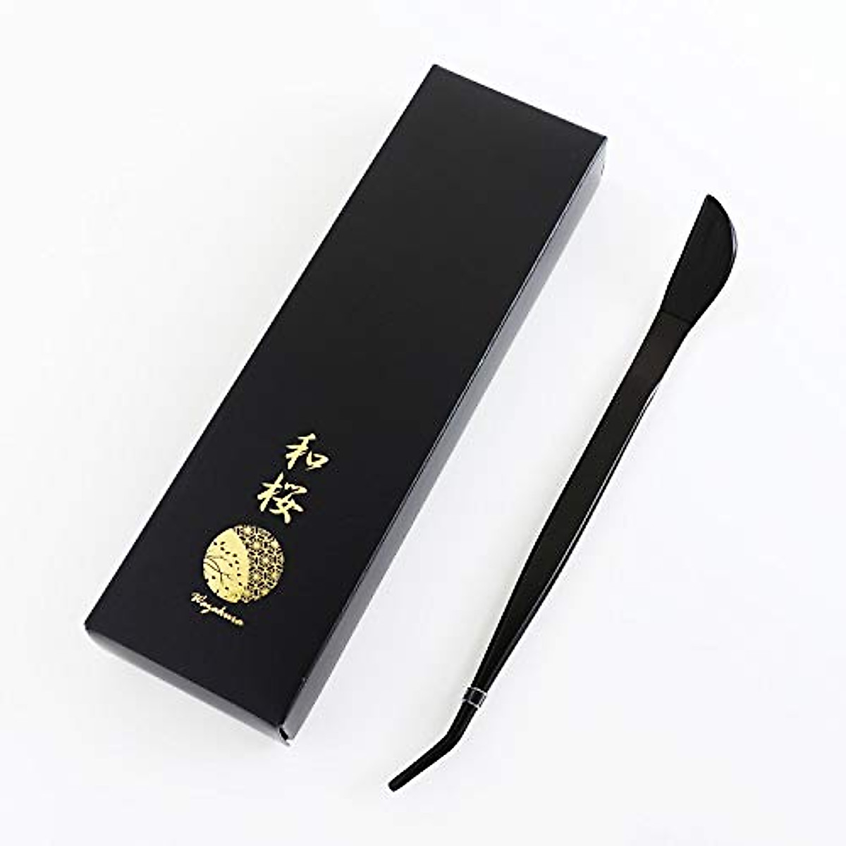 Wazakura Bonsai Curved Tip Tweezer with Spatula MADE IN JAPAN 8.6in(220mm) Stainless Steel Black Coated - Black