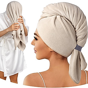 Umisleep 100% Microfiber Hair Towel, 41" x 22" Super Absorbent Hair Care Towel, Ultra Soft Hair Towel Wrap with Elastic Loop, Large Curly Hair Towel for Women Long, Thick Hair, Camel
