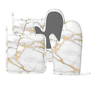 Oven Mitts and Pot Holders Marble White Gold Silicone Kitchen Accessories Set of 4 Heat Resistant Long Gloves Potholder Non-Slip Grip for Chef Cooking,Baking,Grilling,BBQ