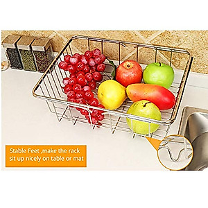 Jkhome Expandable Dish Drying Rack Adjustable Over Sink Dish Drainer Drain Stainless Steel Kitchen Fruit Vegetable Wash Storage Holder (Stainless Steel, Curved Bottom Type 17.32"x9.84"x4.33")