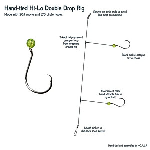 3 Pack '2/0' Bead Rig Surf Fishing Hi-Lo Double Drop Hand-Tied 30LB Mono (Glitter Lime)