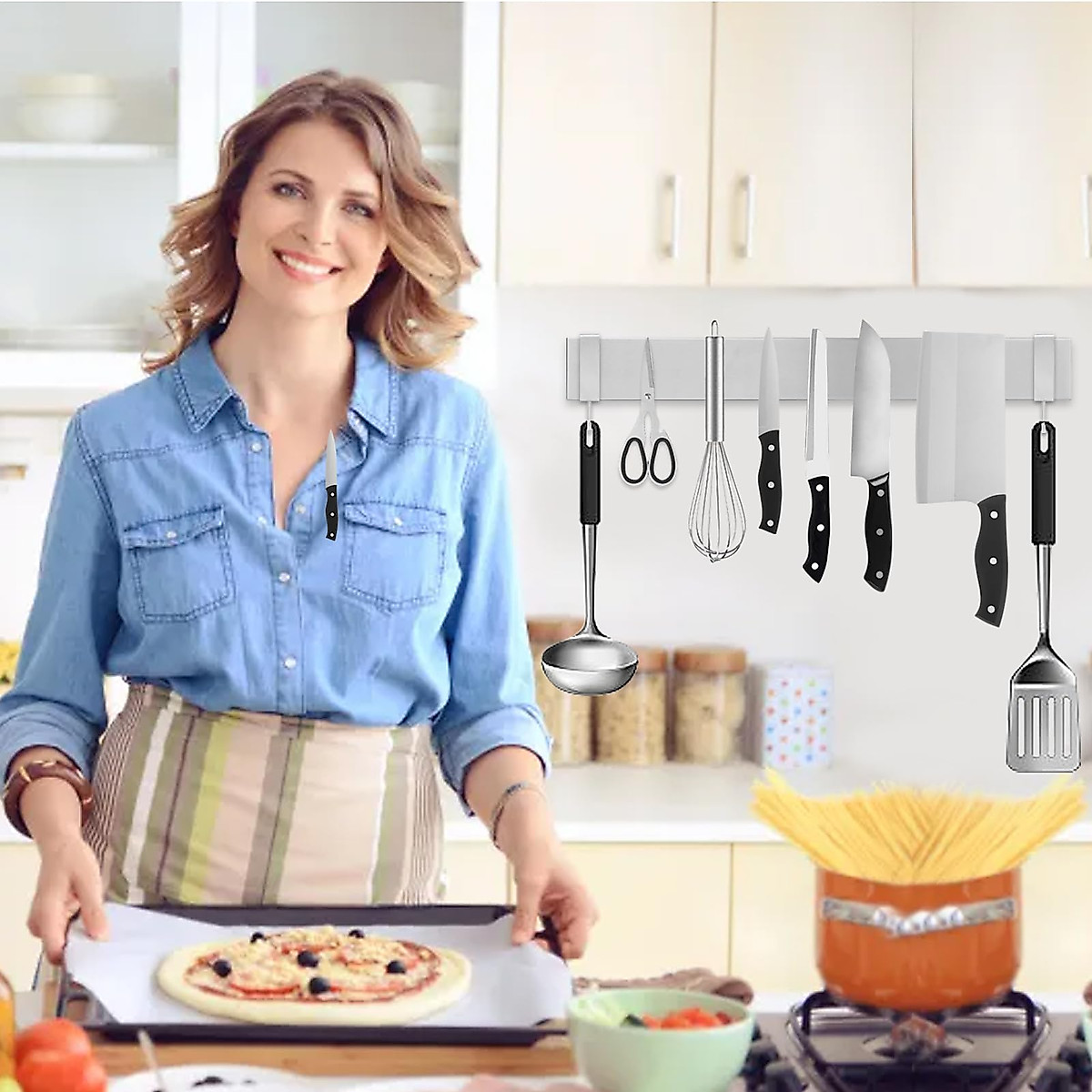 Magnetic Knife Strips(15 Inch X Set Of 2) Magnetic Knife Storage Strip, Knife Holder, Knife Strip, Kitchen Utensil Holder, Tool Holder, Multipurpose Magnetic Knife Rack (stainless steel, 1pcs.)