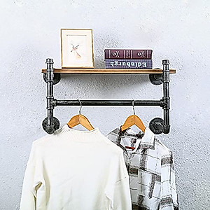 HAOVON Industrial Pipe Clothing Rack Wall Mounted Wood Shelf,Pipe Shelving Floating Shelves,Retail Garment Rack Display Rack Clothes Racks(1 Tier,24in)