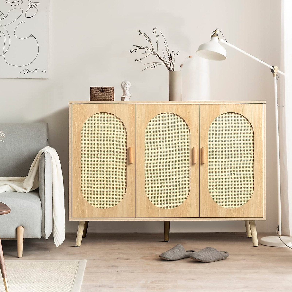 DESIGNSCAPE3D Modern Rattan Shoe Storage Cabinet with Adjustable Shelves - Stylish Furniture and Decor for Living Room, Bedroom, and Hallway