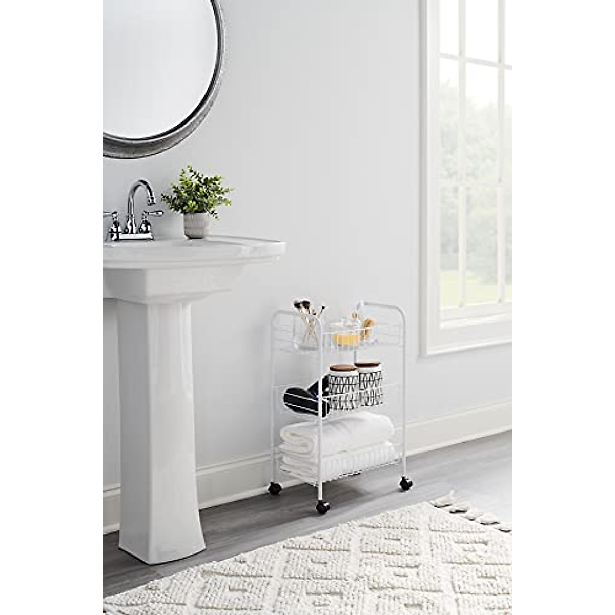 Rubbermaid 3-Tier Shelving Wheeled Organizer, Wire Adjustable Metal Storage Cart, for Office/Kitchen/Bedroom/Laundry Home Use