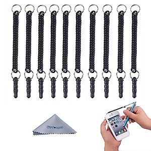Wisdompro Stylus Tether, 10 Pack of Detachable Elastic Coil Tether Strings/Lanyards with 3.5mm Earphone Jack for Stylus Pens - Black
