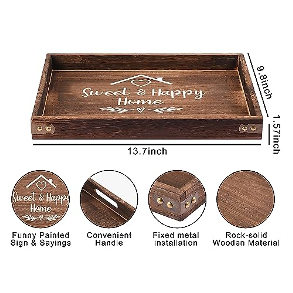 Sweet Happy Home - Rectangle Wooden Coffee Serving Tray with Handles, Funny Rustic Farmhouse Foods Tray Coffee Table Tray Home Kitchen Decorative for Christmas Birthday Housewarming Gifts