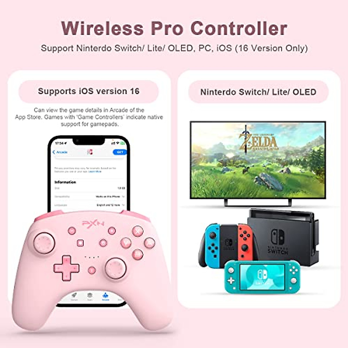 PXN Wireless Switch Controller for Nintendo Switch/Switch Lite/OLED, Support iOS(16 Version Only) Switch Pro Controller with Turbo, Wake-up, NFC, Motion, Vibration Wireless Switch Controller-Pink