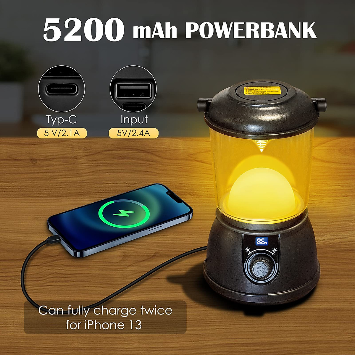 Sinvitron LED Camping Lantern Rechargeable, Up to 150H Play, 5 Light Mode, 5200mAh Power Bank, IPX5 Waterproof, Tent Lights Lantern Flashlight for Power Outages, Hurricane, Emergency, Home (Black)