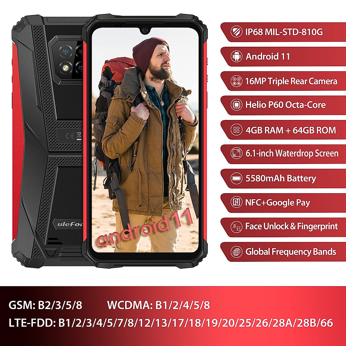 Ulefone Armor 8 Rugged Cell Phones Unlocked, Waterproof Phone 4GB RAM 64GB ROM 256GB Expansion, 16MP+5MP+2MP Camera, Android 11 Octa-core, 6.1 inch Display, NFC, OTG, GPS, 5G WiFi, Global Version, Red