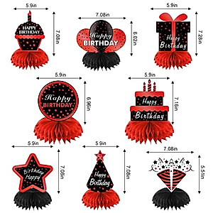 Red and Black Birthday Decorations Table Honeycomb Centerpieces, 8Pcs Red Black Happy Birthday Table Topper Sign Party Supplies for Men Women, 16th 21st 30th 40th 50th 60th Birthday Table Décor