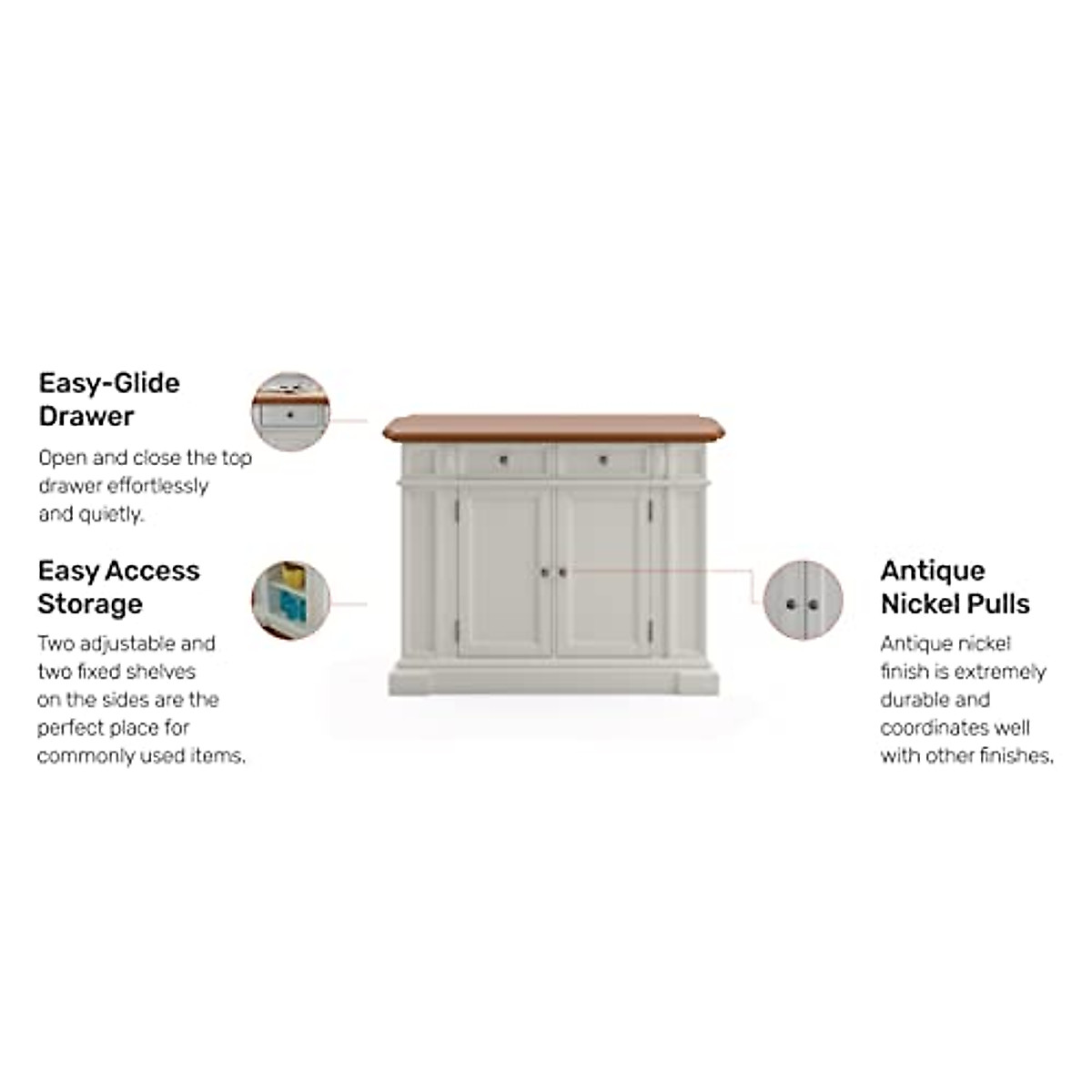 Homestyles Americana Kitchen Island with Wood Top and Drop Leaf Breakfast Bar, Storage with Drawers and Adjustable Shelves, 50 Inch Width, 49.75 inches, White and Oak