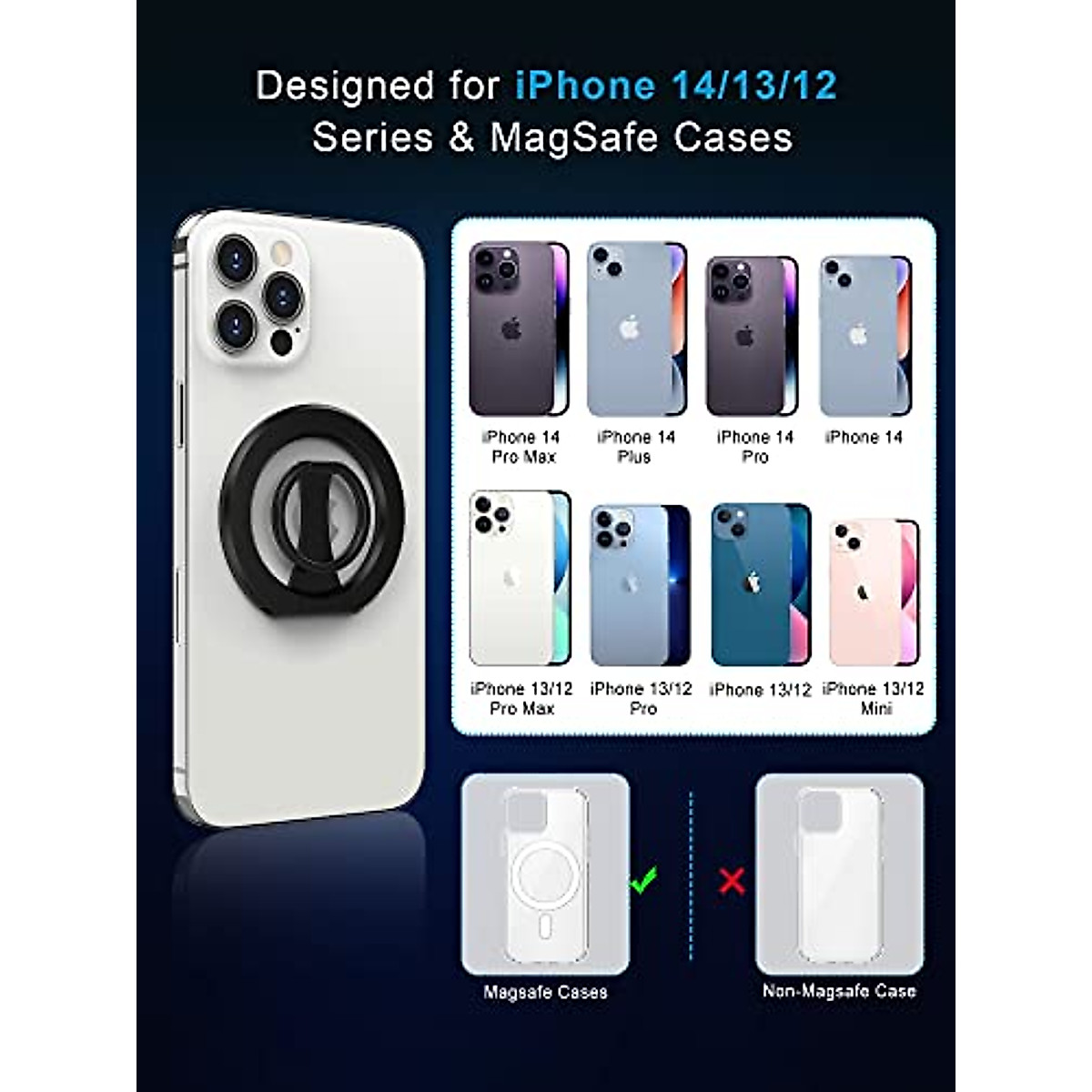 Magnetic Phone Ring Holder with MagSafe, SUPERONE [Aluminum Alloy] 2-in-1 Magnetic Phone Grip with Adjustable Stand, Compatible with iPhone 14/13/12, Pro, Pro Max, Mini, Black