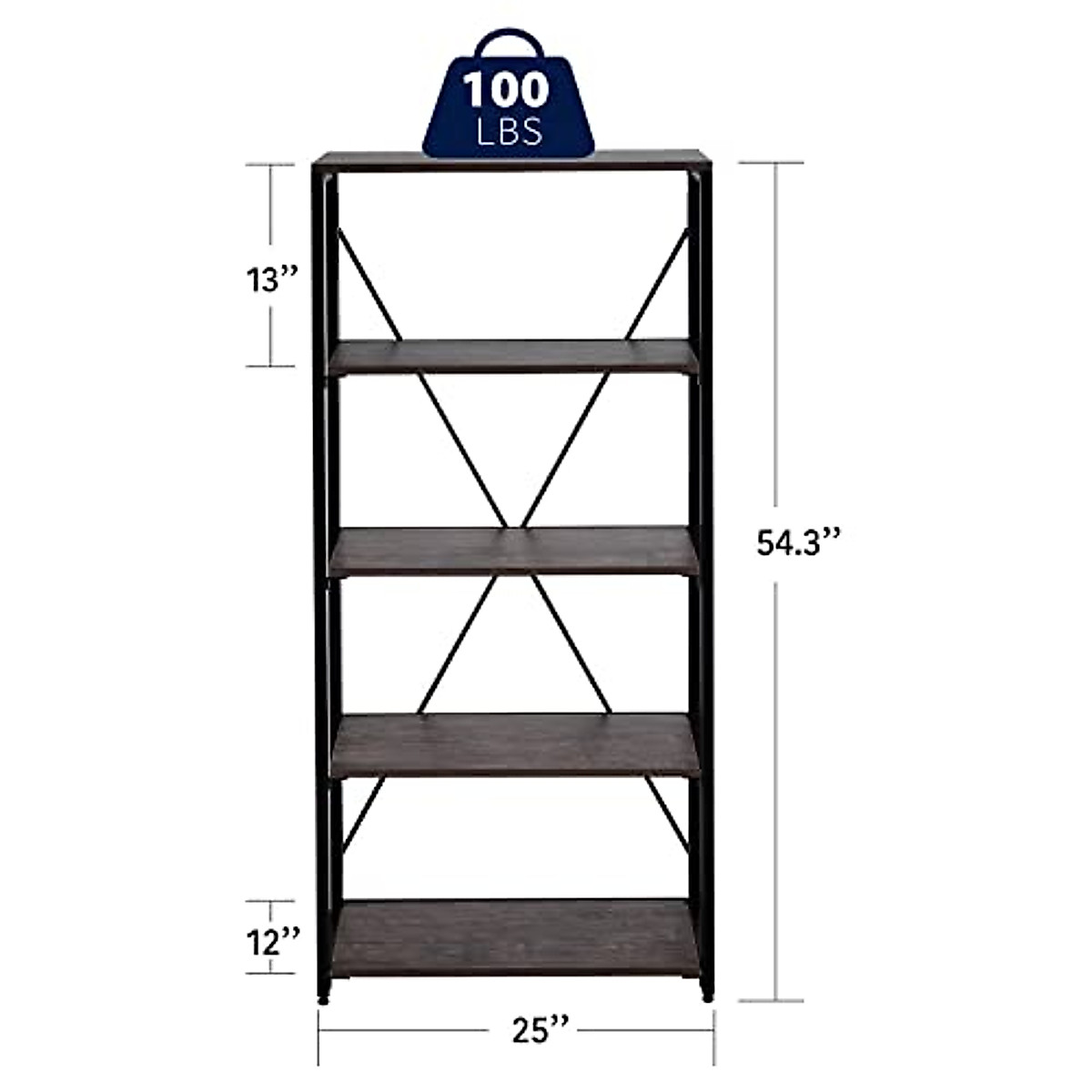 Bookshelf,5-Tier Folding Bookcase,Industrial Book Shelf,Rustic Wood Storage Shelves,Tall Bookshelf,Shelves For Bedroom,Office,Kitchen,Living Room,Study Room,No Assembly Folding Bookshelf,Black