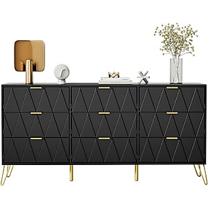 UEV Black Dresser for Bedroom,Modern 9 Drawer Triple Dresser with Gold Accents,Long Storage Dresser for TV Stand & Closet,Large Chest of Drawers for Living Room,Hallway,Entryway