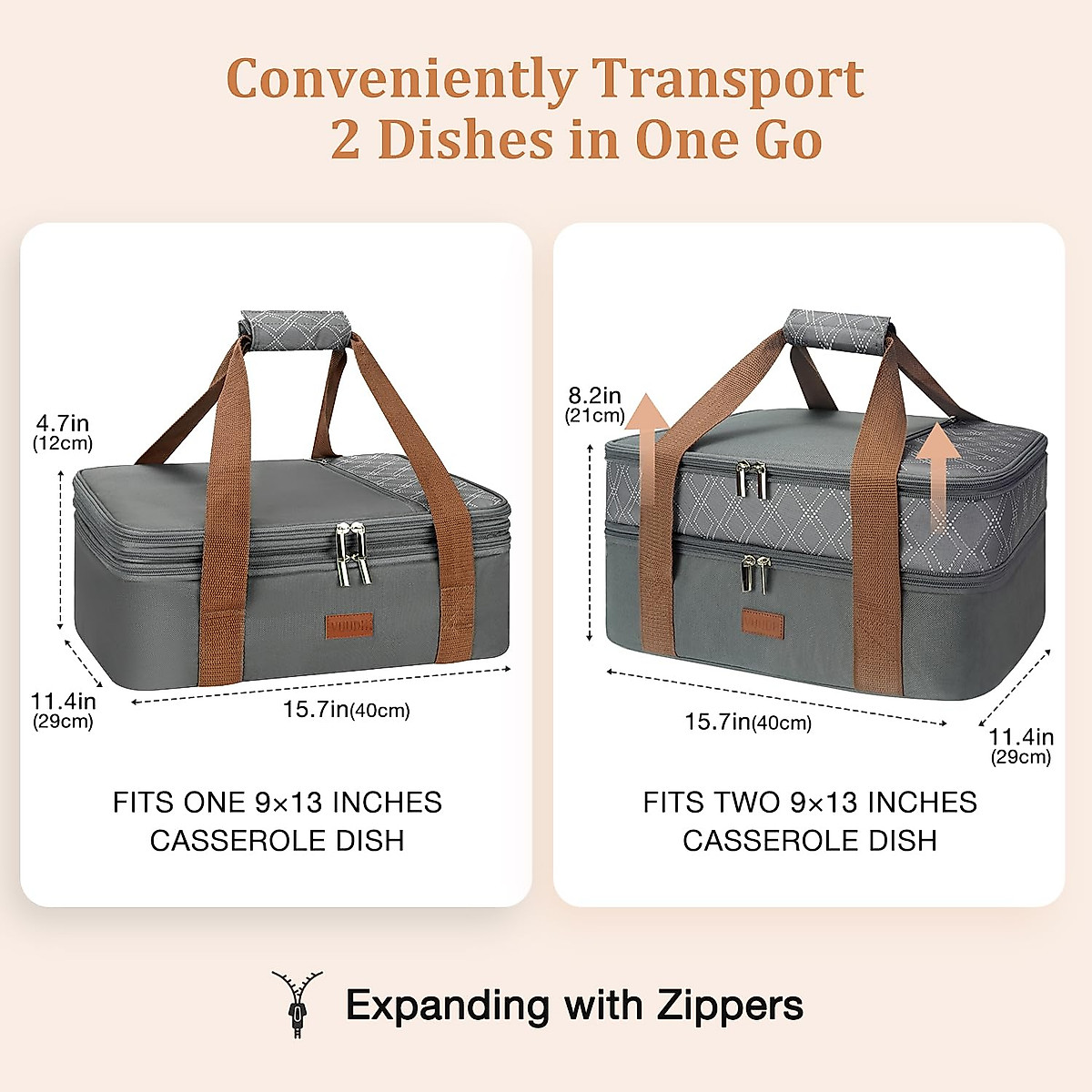 Vuudh Expandable Casserole Carrier Bag - Double Decker Food Bag, Insulated Casserole Carrier for Hot or Cold Food, Lasagna Holder Tote for Picnics,Beaches,Traveling or Gifts
