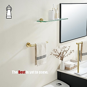 JQK Hand Towel Holder Towel Ring Gold, Thicken 0.8mm 304 Stainless Steel Bathroom Hand Towel Bar, 9 Inch Wall Mount Towel Rack Hanger, Brushed Gold, THH110L9-BG